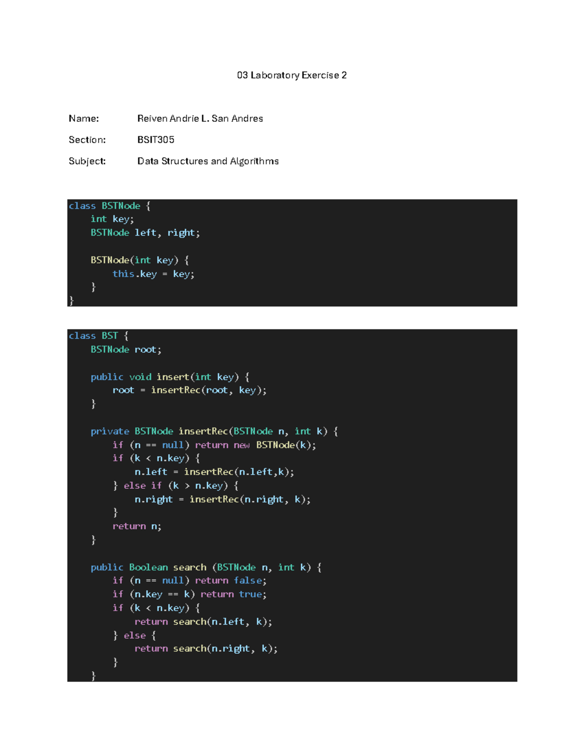 BSIT305 Data Structures Lab Exercise 2: BST Implementation - Studocu