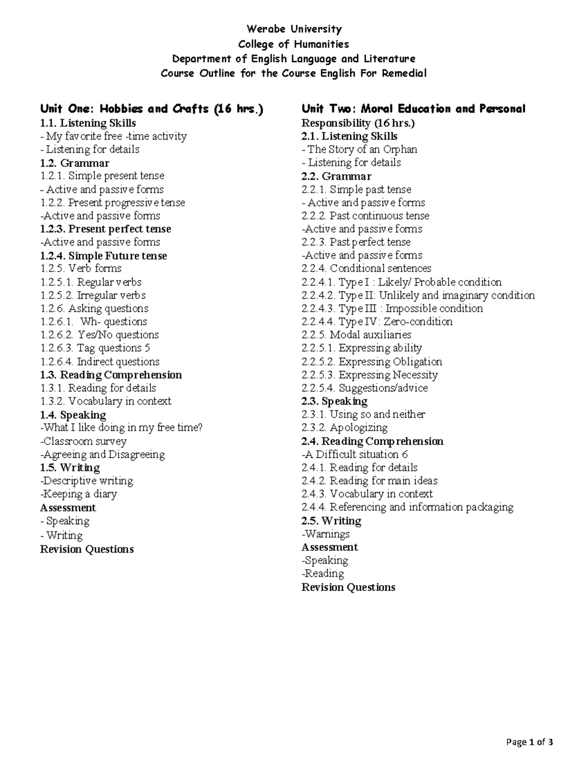 English for Remedial Course Outline - Comprehensive Study Guide - Studocu