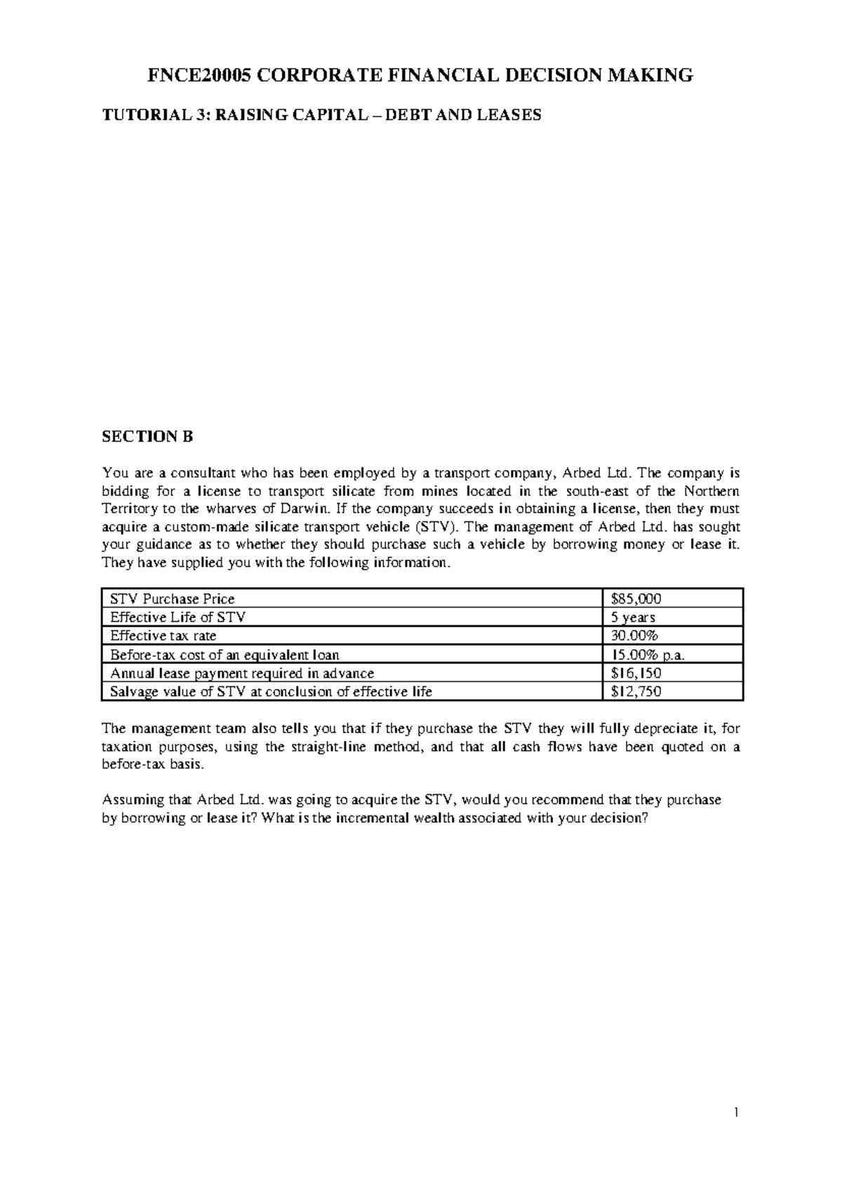 FNCE20005 Tutorial 3 Solutions: Debt vs. Lease Analysis - Studocu