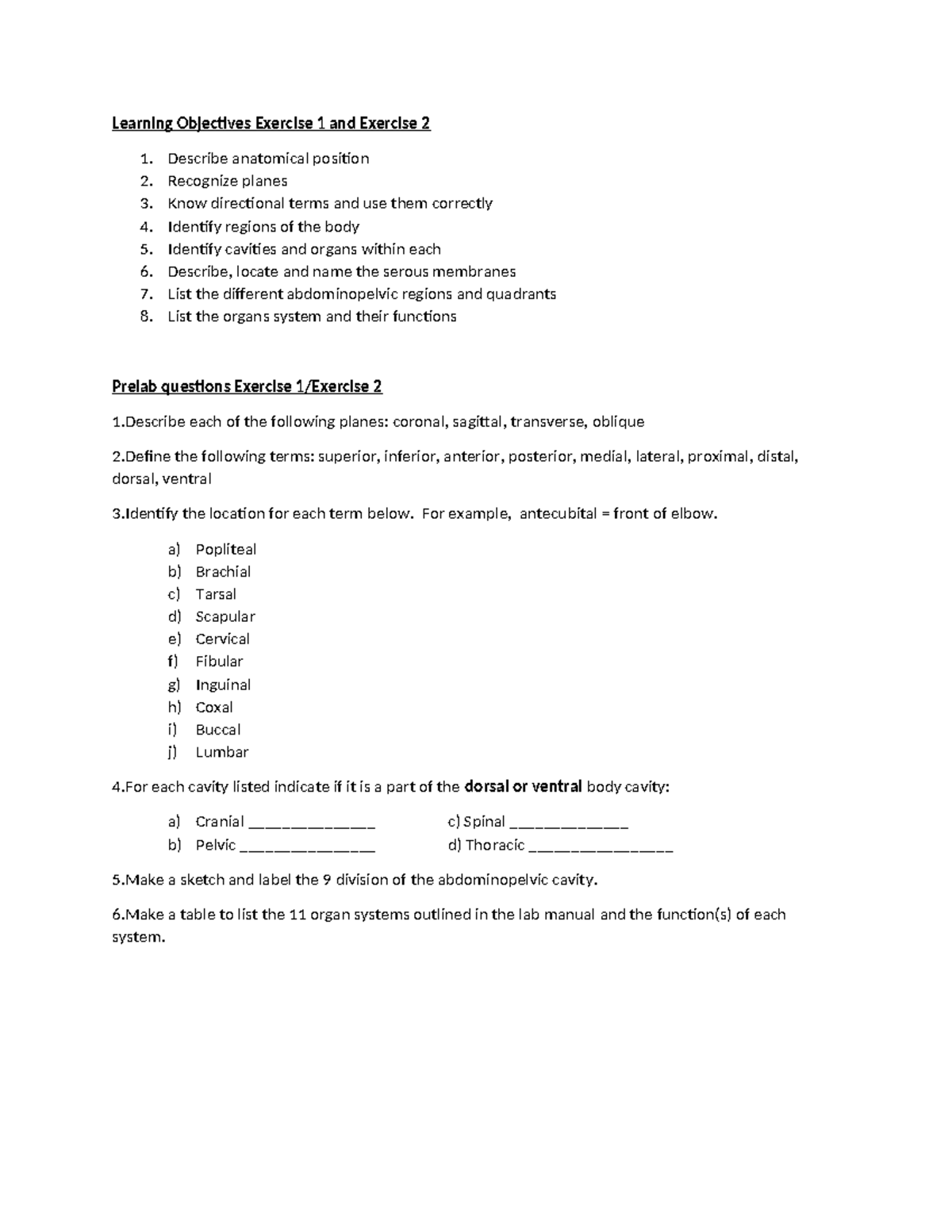 Anatomical Terminology & Body Systems Lab Exercises (Exercise 1 & 2 ...
