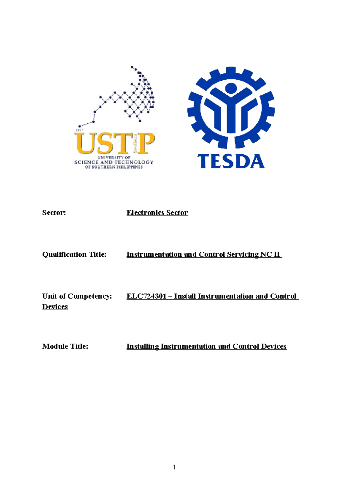 Installing Instrumentation & Control Devices ELC724301 Module Guide ...