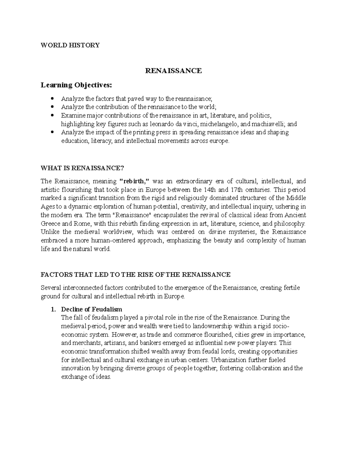 WORLD HISTORY DISCUSSION PAPER (Renaissance): Key Factors ...