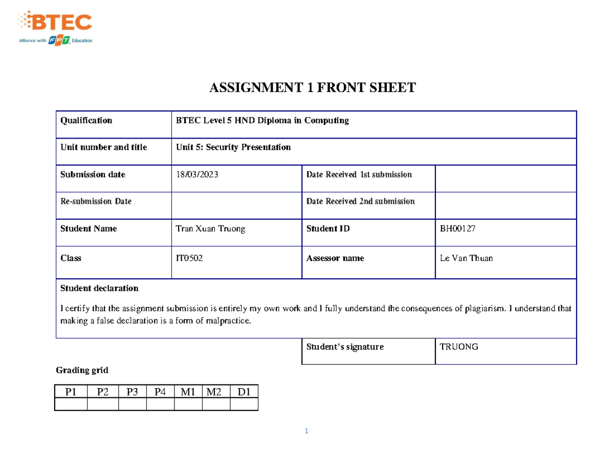 Unit 5 - Assignment 1 Security Presentation - ASSIGNMENT 1 FRONT SHEET Qualification BTEC Level ...