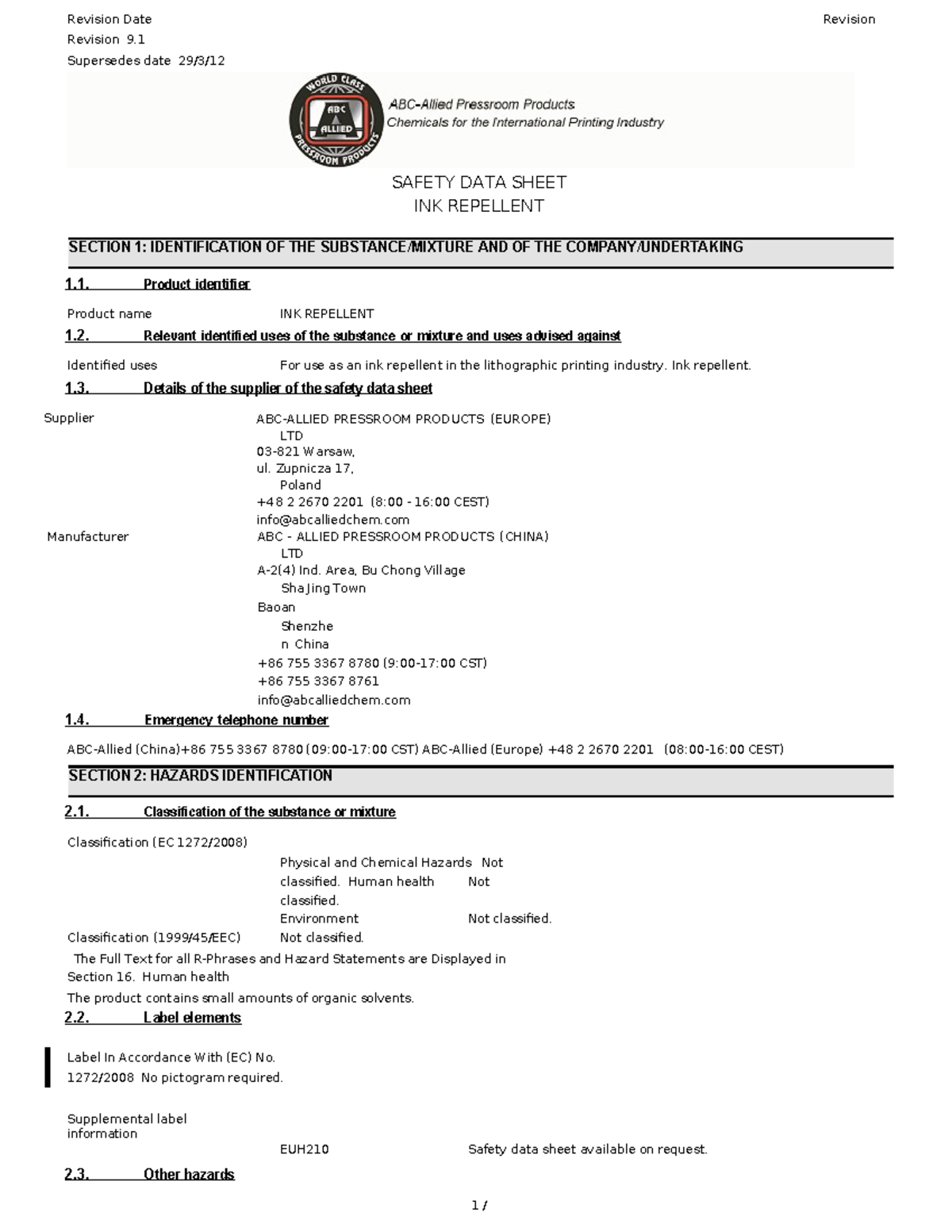 INK REPELLENT Safety Data Sheet - Revision 9.1 - Studocu