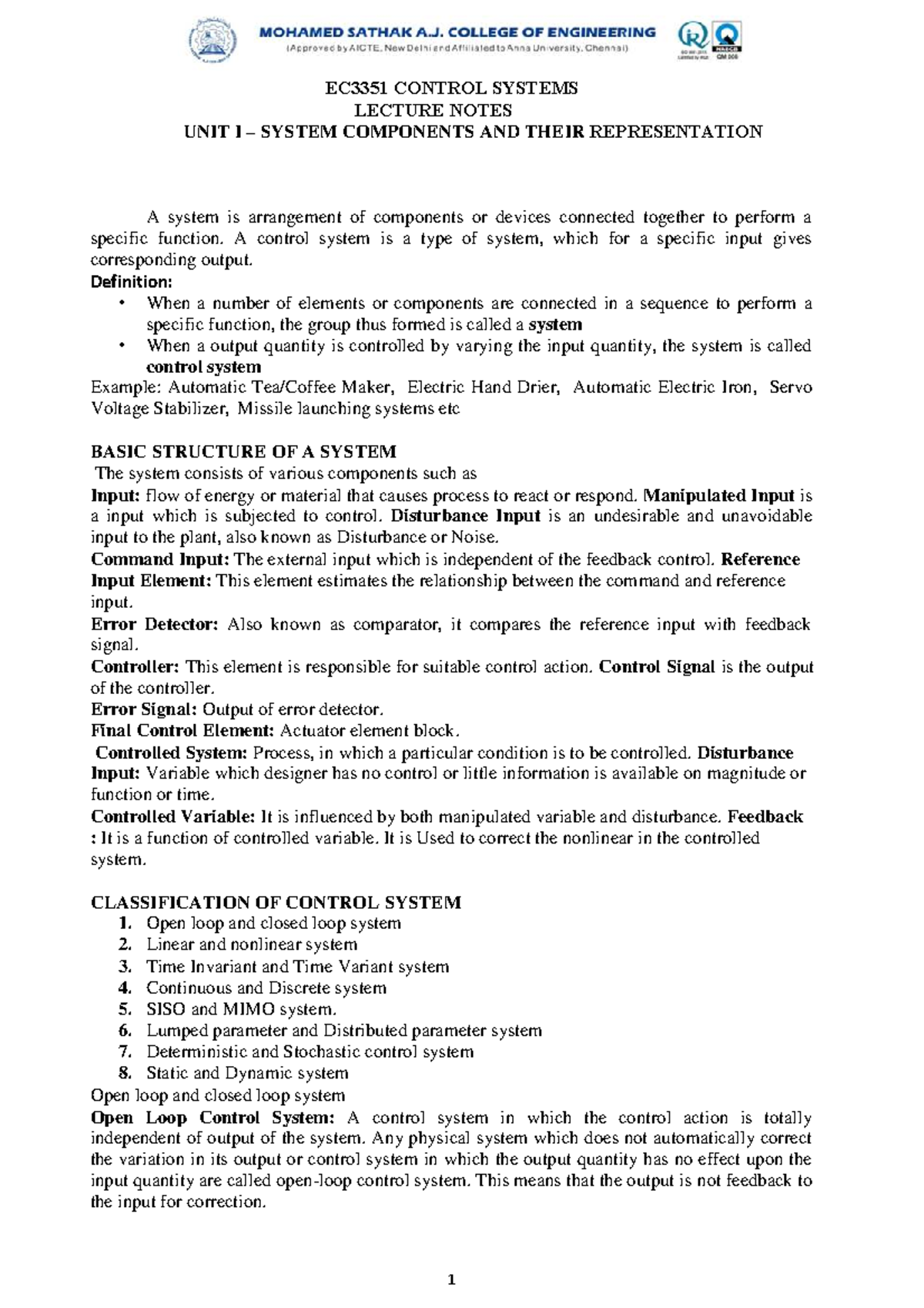 EC3351 CONTROL SYSTEMS LECTURE NOTES: UNIT I - SYSTEM COMPONENTS ...