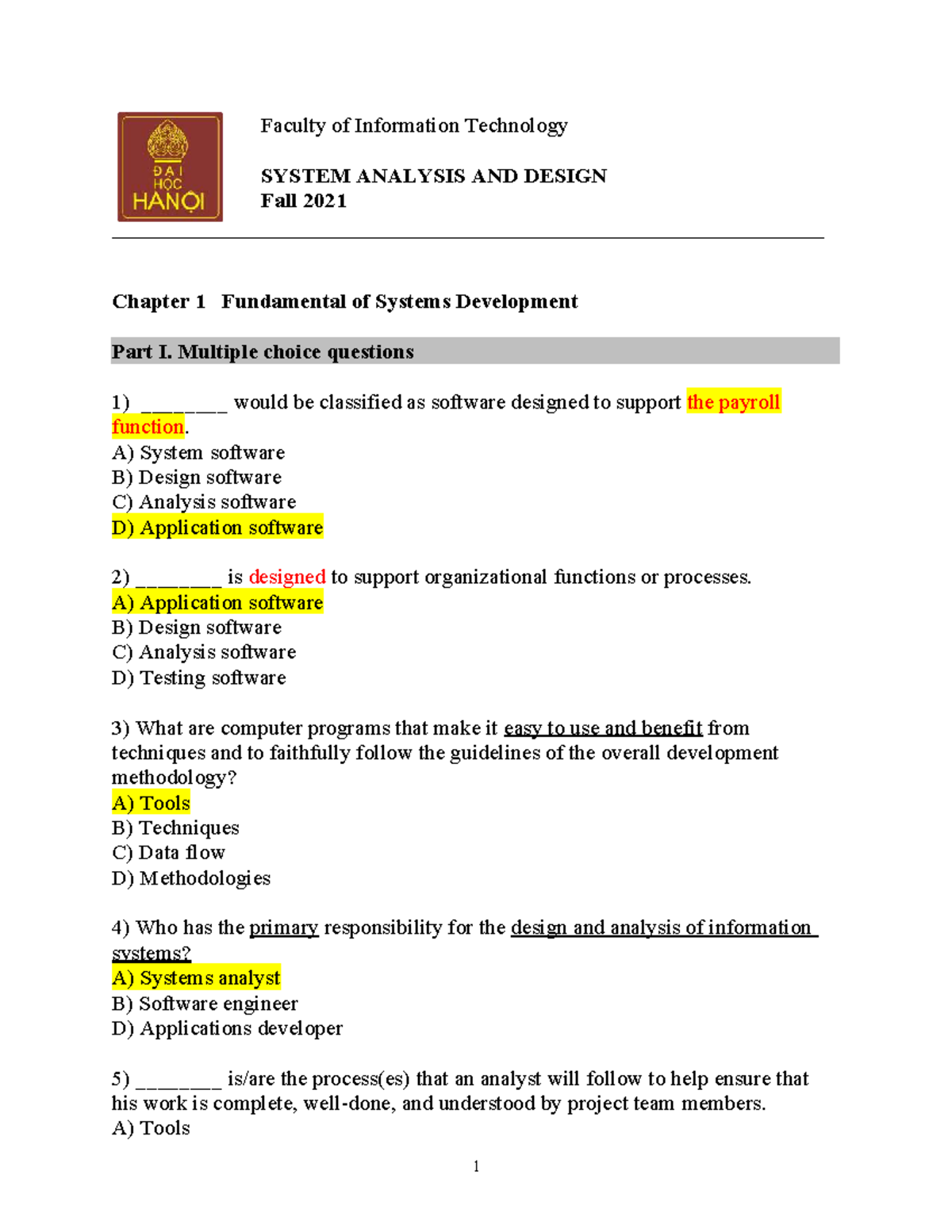 TUT 1 - System Analysis and Design Fall 2021 Chapter 1 MCQs and Short Answers - Studocu