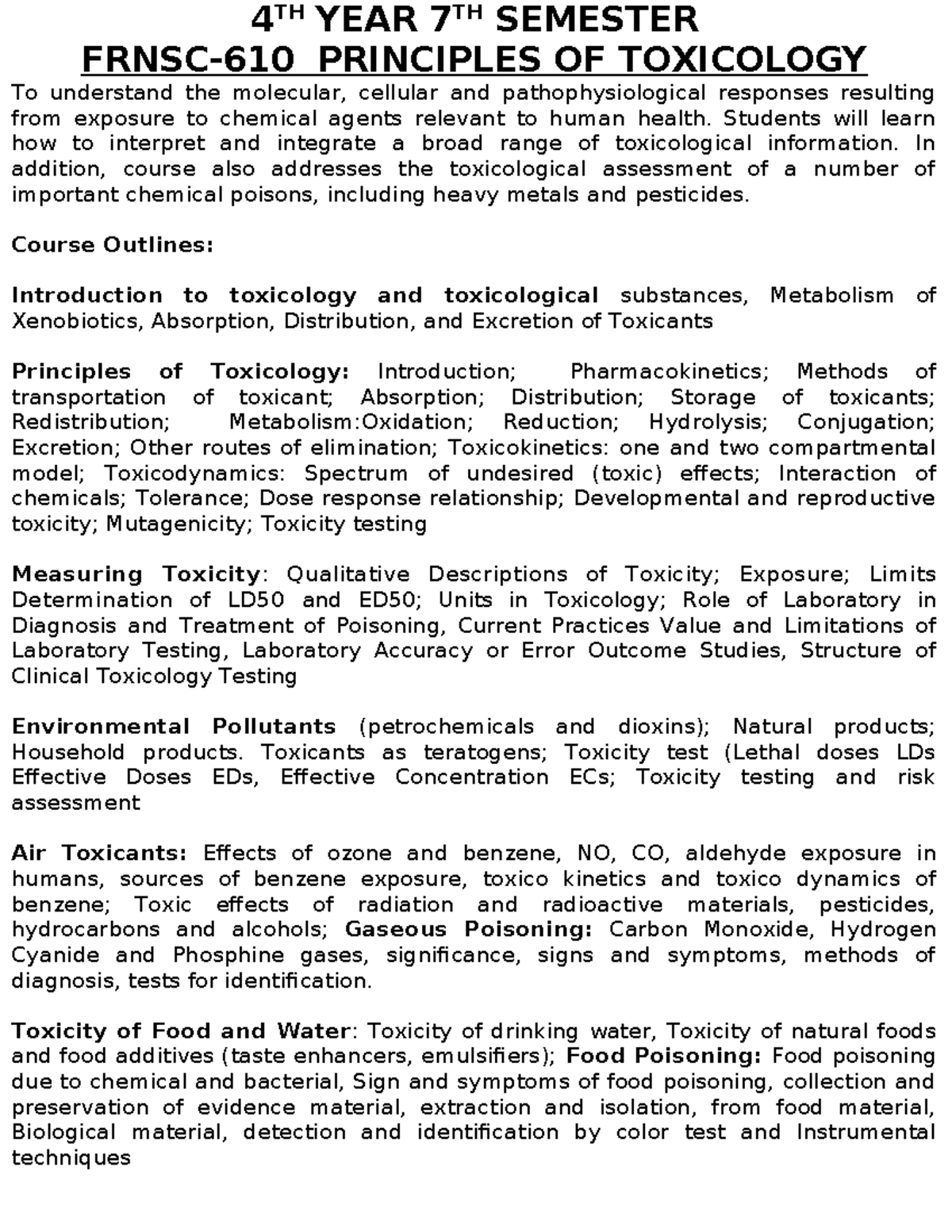 7TH SEMESTER PRINCIPLES OF TOXICOLOGY: Comprehensive Study Notes - Studocu