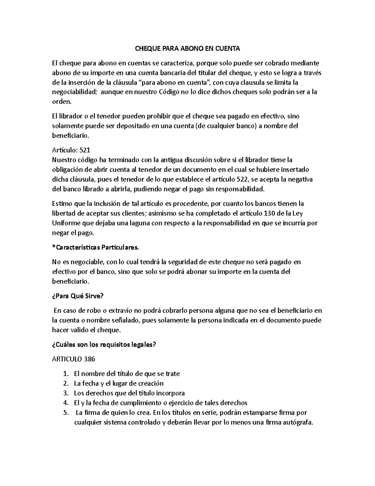 Cheque PARA Abono EN Cuenta bancaria - Derecho Civil V - UMG - Studocu