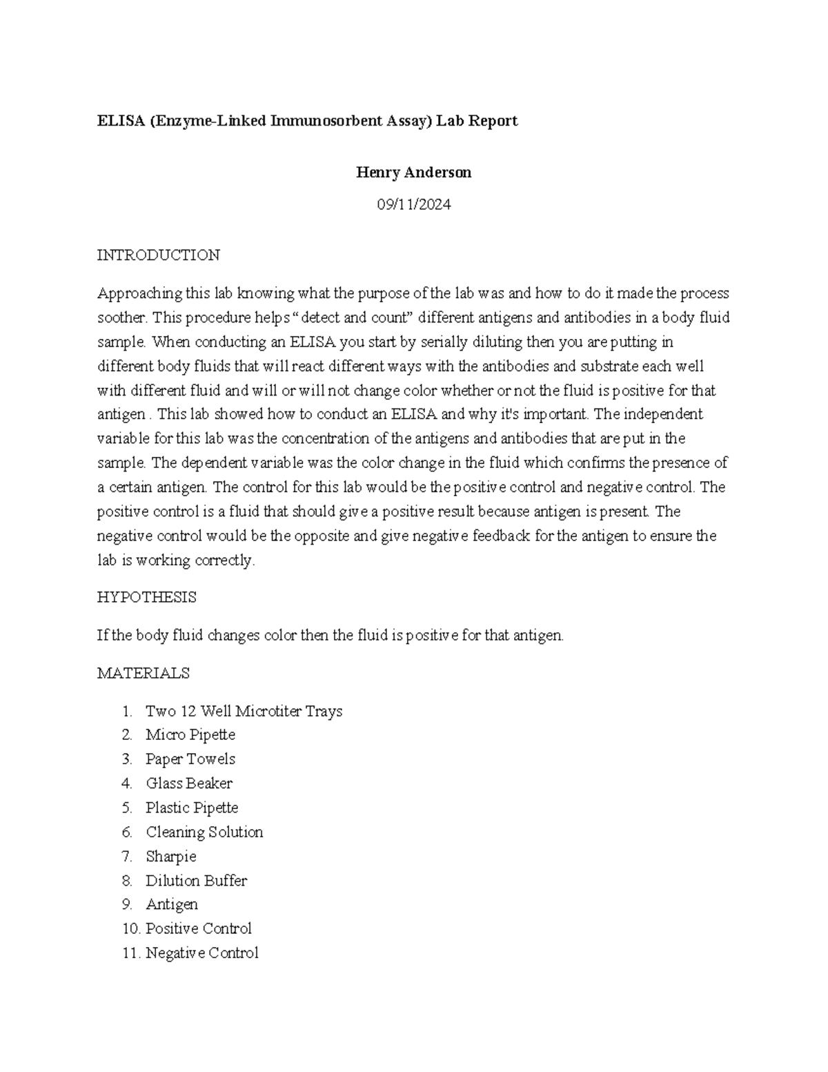 ELISA Lab Report (BIO 101): Exploring Antigen Detection Techniques ...