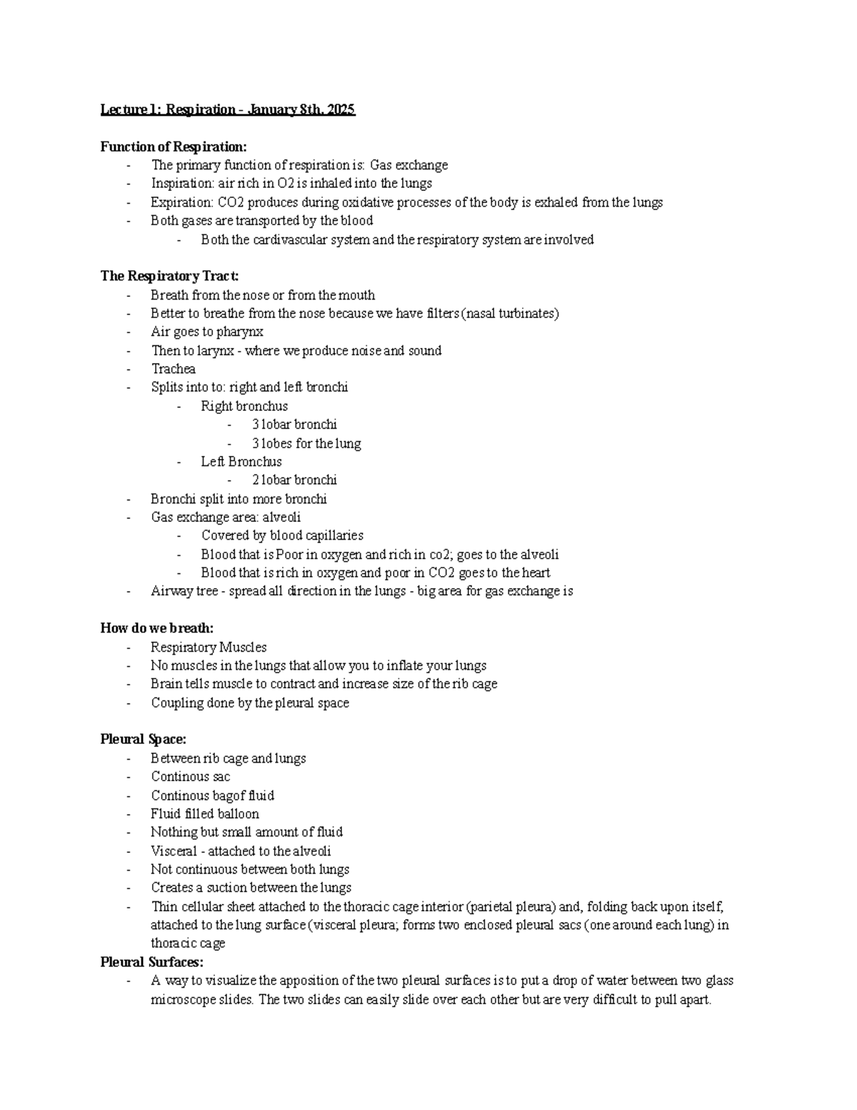 PHGY 210 Lecture Notes - Google Docs - Lecture 1: Respiration - January ...
