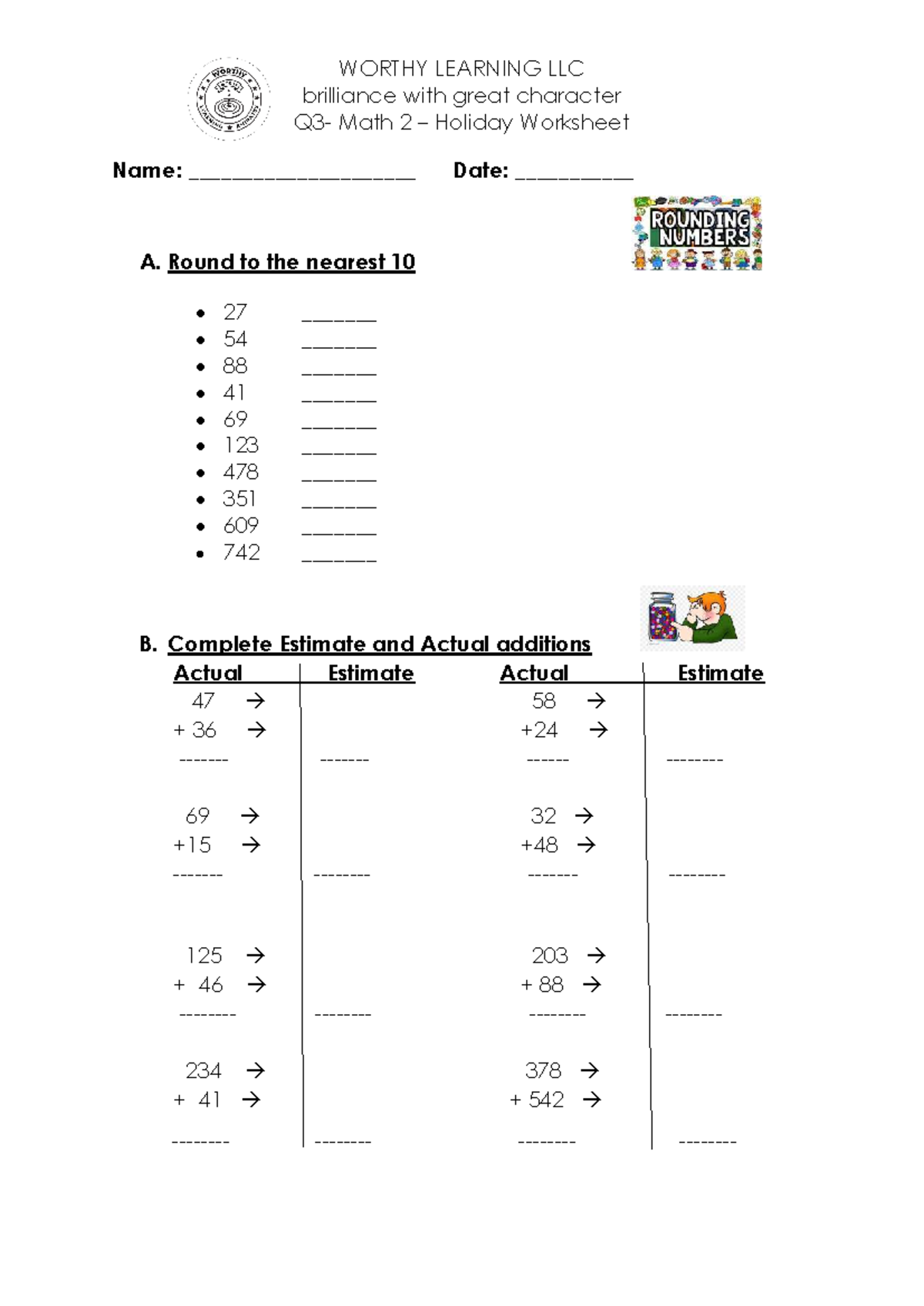 Q3- Math 2- Holiday Worksheet: Rounding, Estimation, and Operations ...