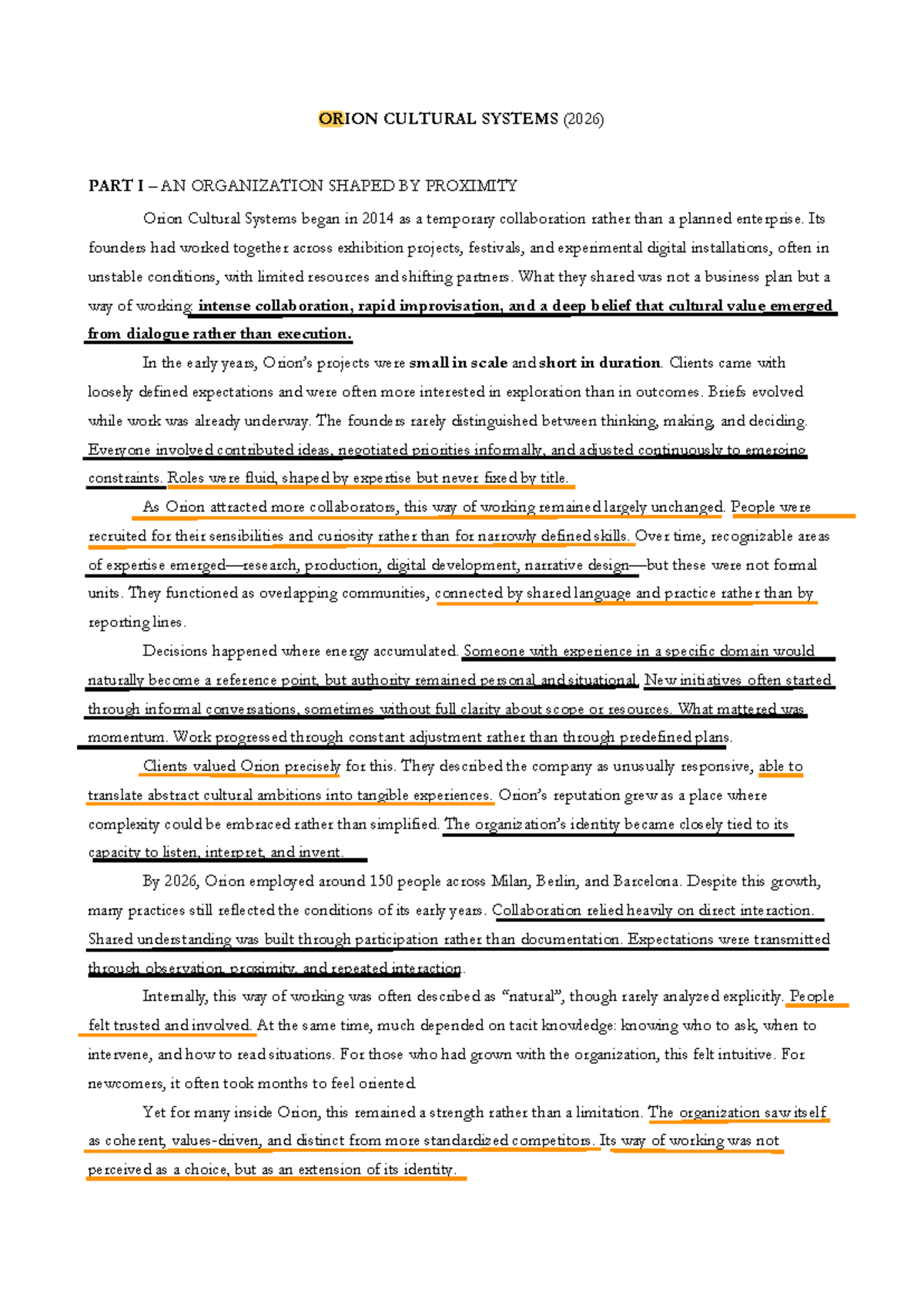 Orion Cultural Systems Case Study (2026) - Part I Analysis - Studocu