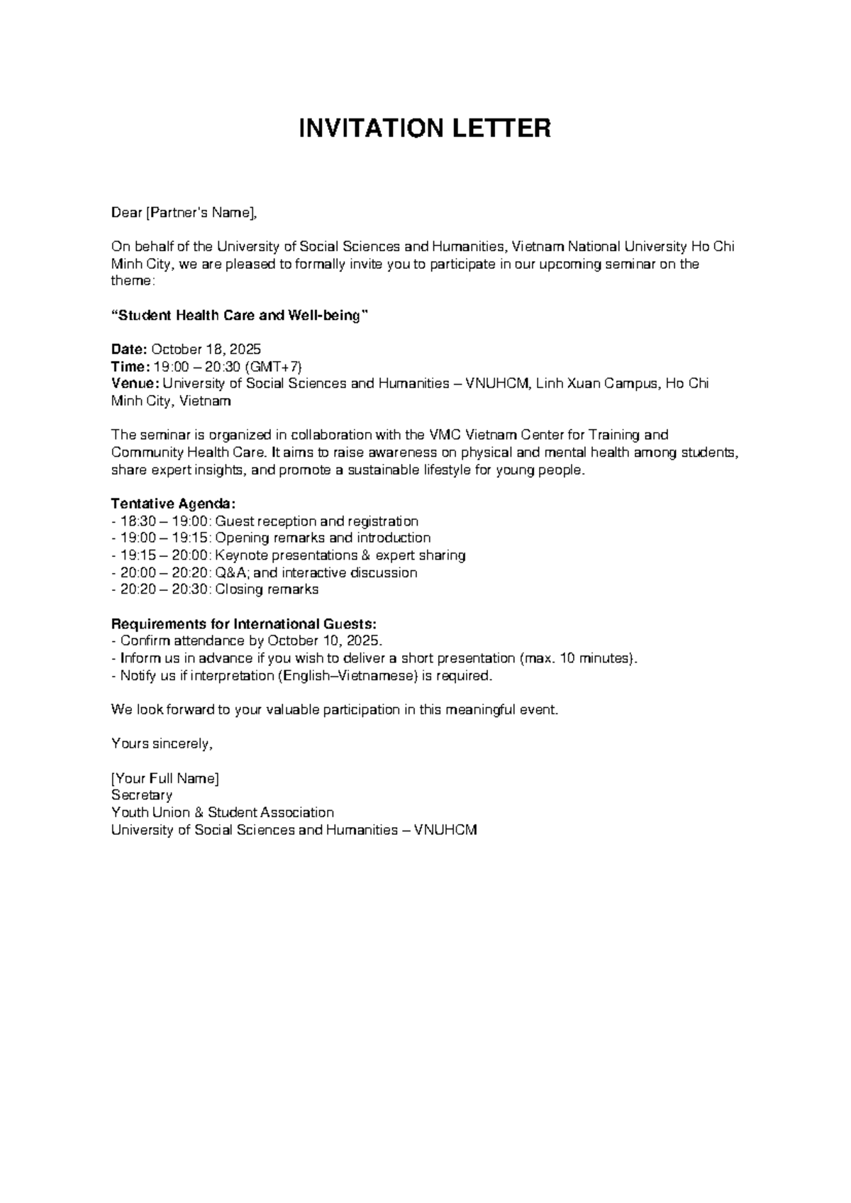 Invitation Letter for Seminar on Health Care - VNUHCM - Studocu