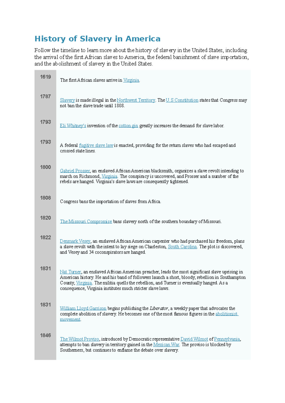 Slavery timeline - History of Slavery in America Follow the timeline to ...