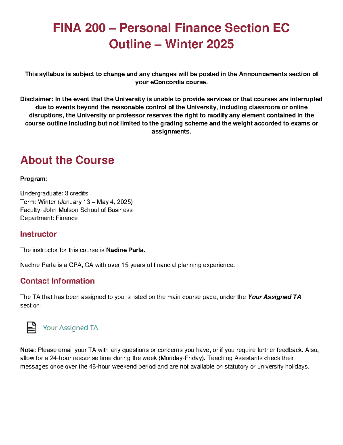 Personal finance course outline concordia - FINA 200 – Personal Finance ...