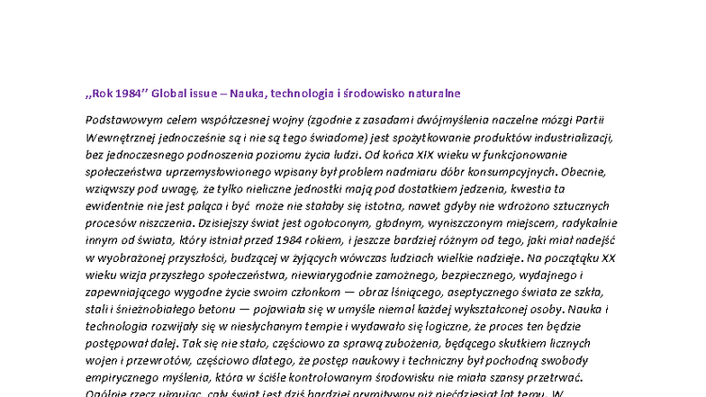 Rok Global Issue: Nauka, Technologia i Środowisko Naturalne - Studocu