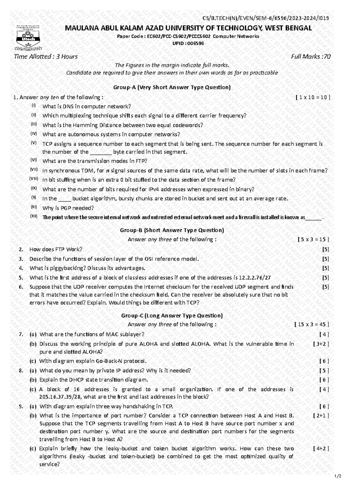 ECE 6th sem questions paper 2024 - CS/B(N)/EVEN/SEM-6/6596/2023-2024/I ...