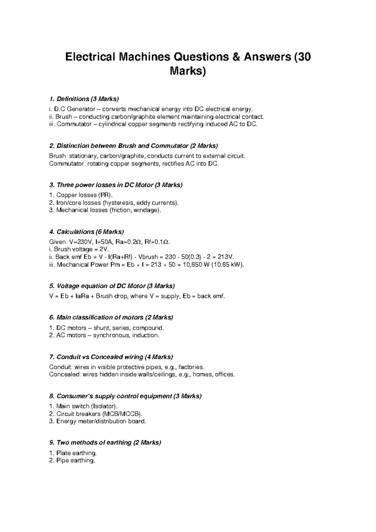 Electrical Machines Q&A (30 Marks) - Key Concepts & Calculations - Studocu