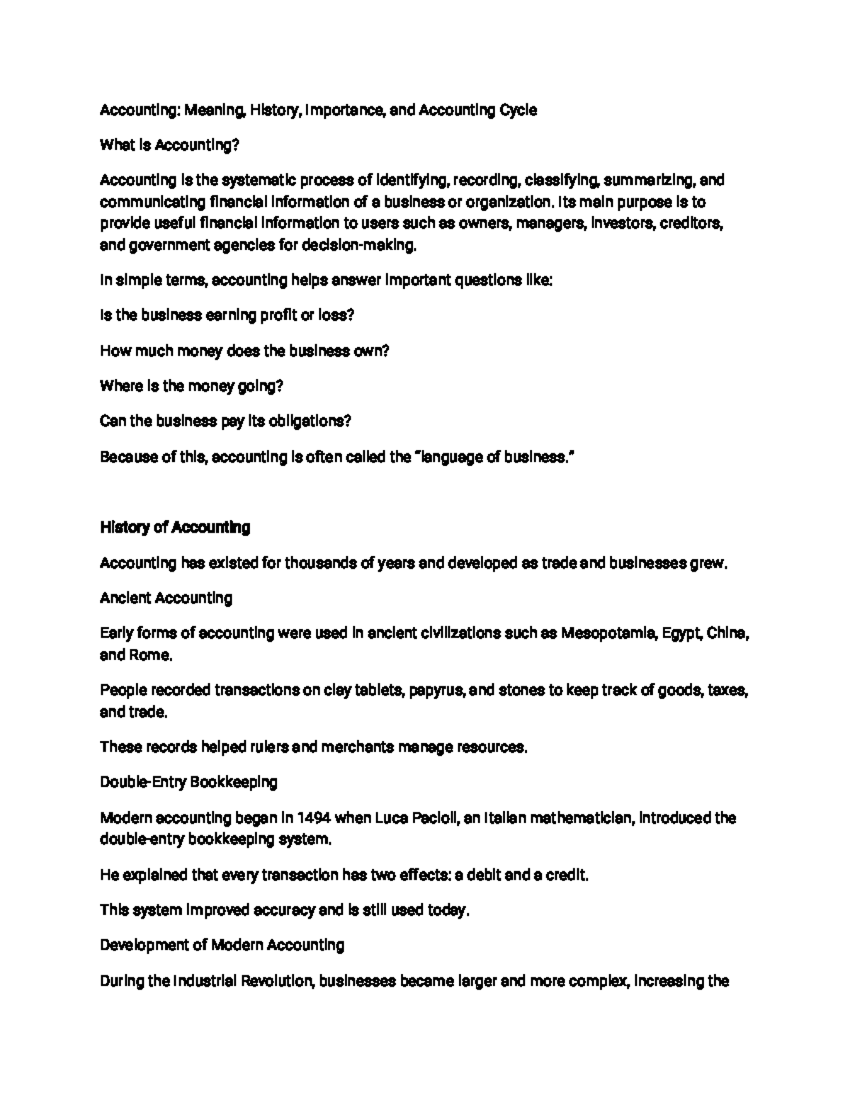 Accounting (ACCT101): Meaning, History, Importance & Cycle - Studocu