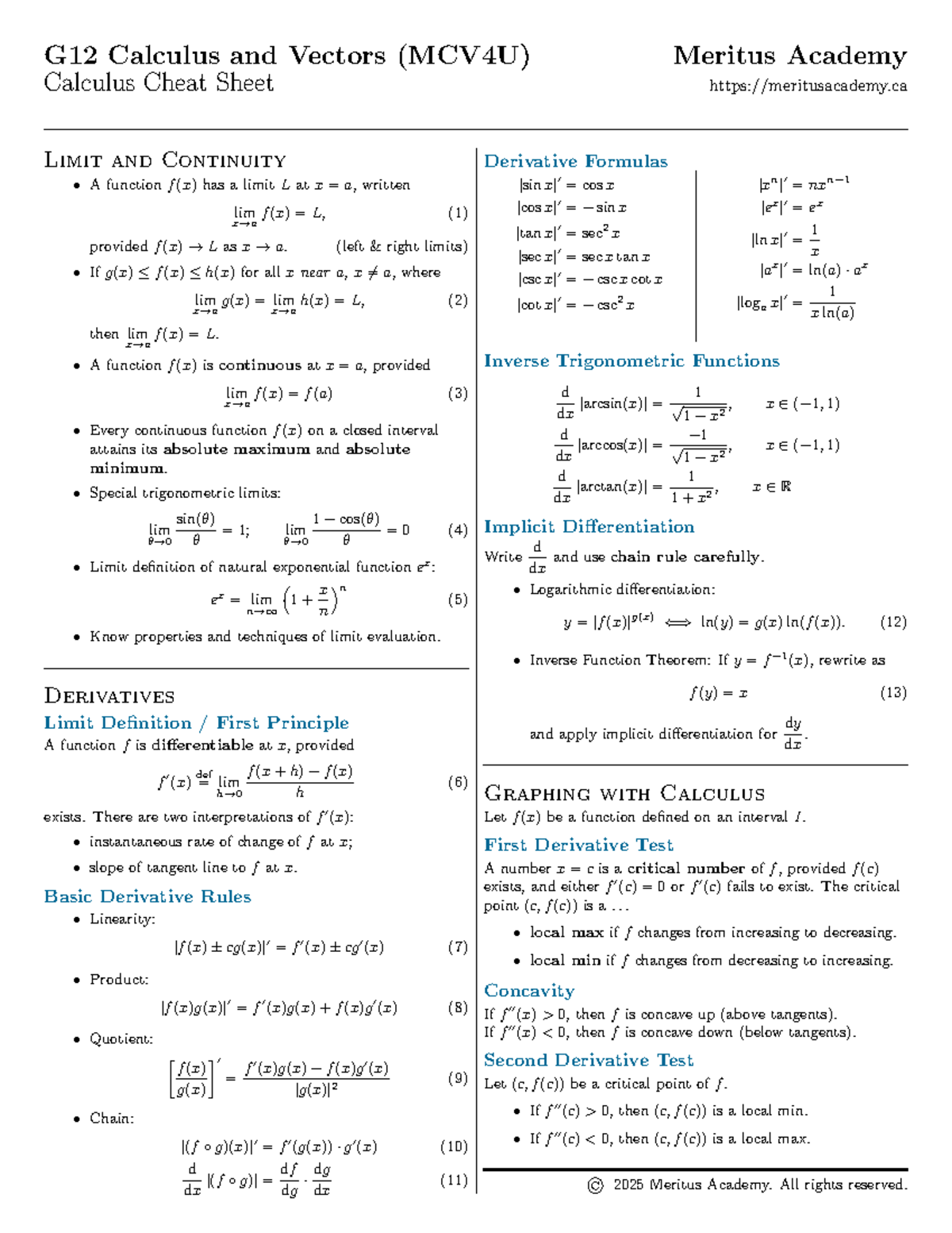 G12 MCV4U Calculus Cheat Sheet: Derivatives, Limits & Continuity - Studocu