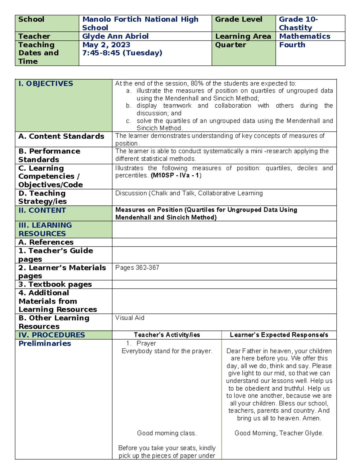 Grade 10 Mathematics Lesson on Quartiles Using Mendenhall & Sincich ...