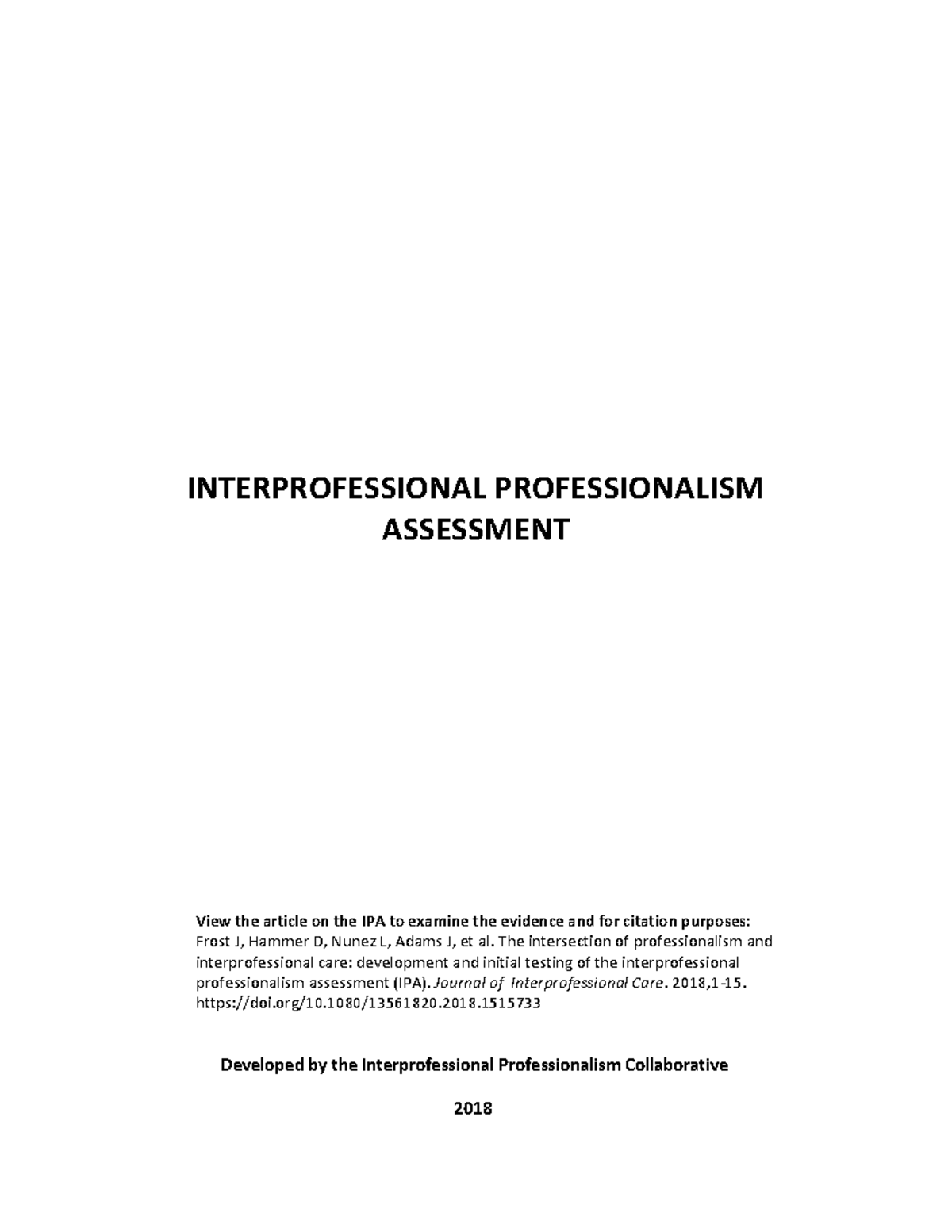 INTERPROFESSIONAL PROFESSIONALISM ASSESSMENT (IPA) Instrument Guide ...