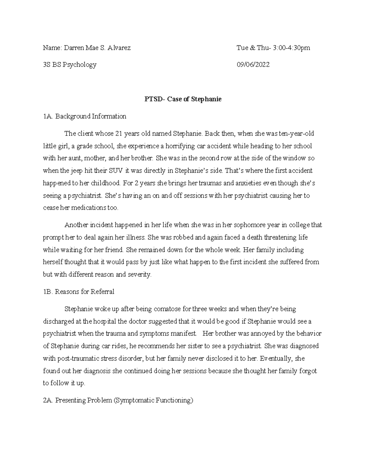 Case Study: PTSD & Bipolar II in Stephanie - 3S BS Psychology - Studocu