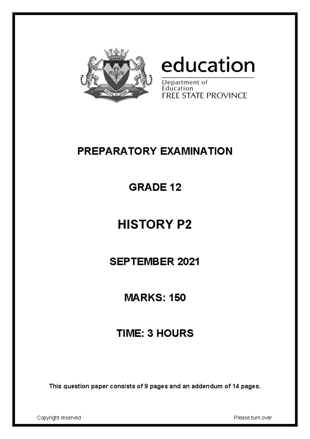 Grade 12 History P2 Preparatory Exam September 2021 Question Paper ...