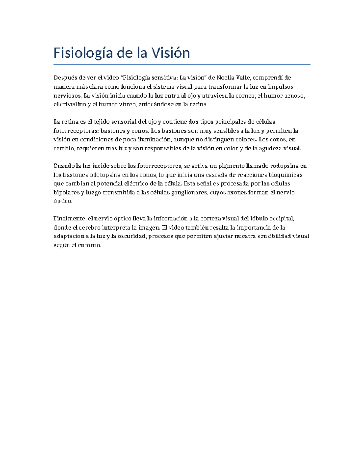 Fisiología de la Visión: Procesos y Funciones Visuales - Studocu