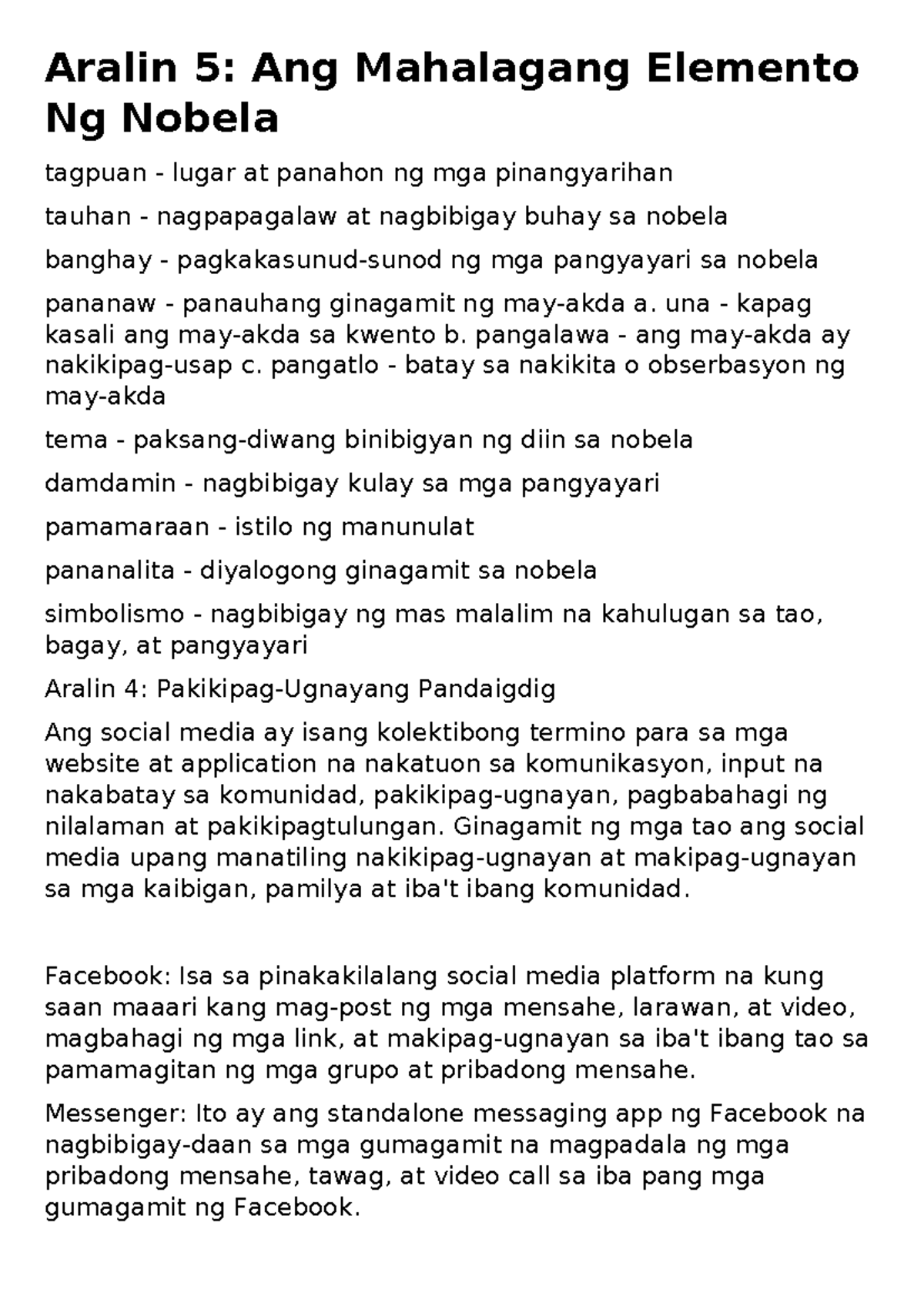 Aralin 5: Mahahalagang Elemento ng Nobela at Maikling Kuwento - Studocu