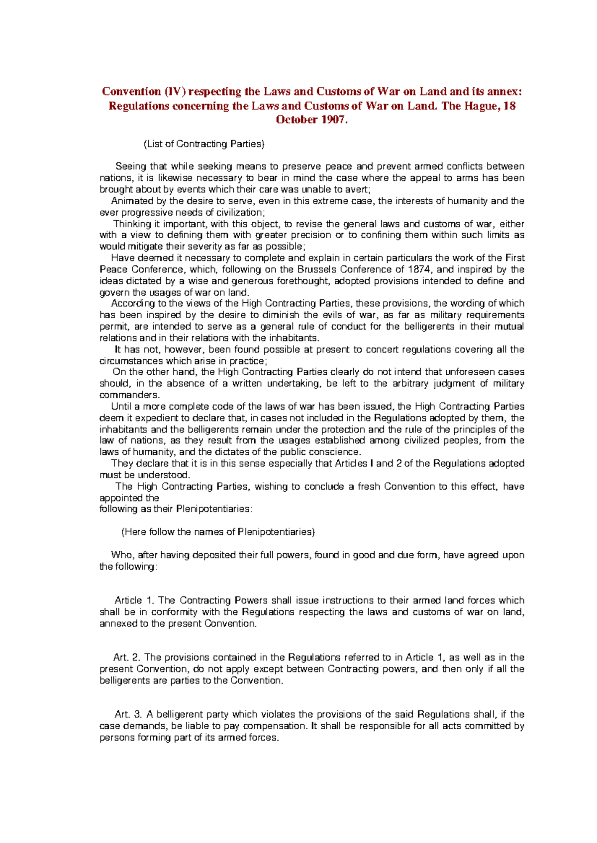 1907 Hague regulation 4 - Convention (IV) respecting the Laws and ...