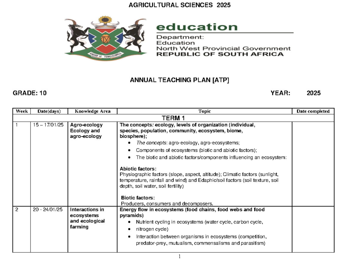 Final Assessment Plan for Grade 10 Agricultural Sciences ATP 2025 - Studocu