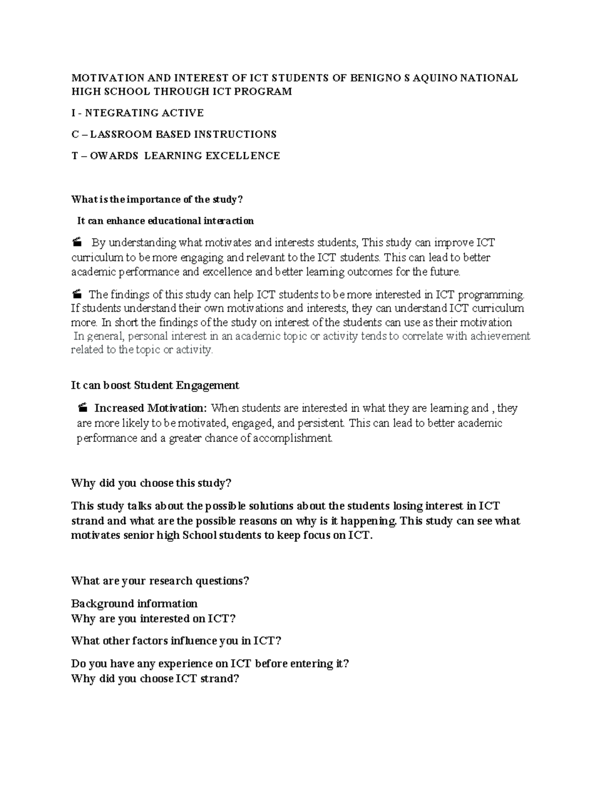 Motivation & Interest Study of ICT Students at BSANHS Through the ICT ...
