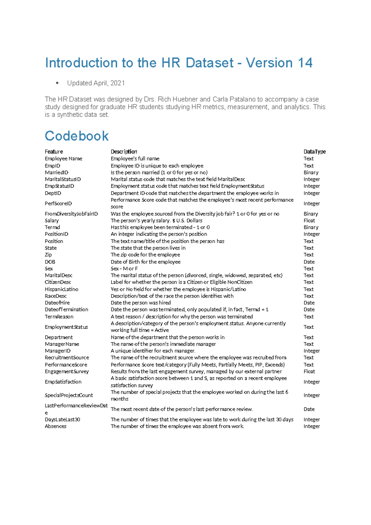 Codebook for HR Dataset V14: Metrics & Analytics Overview - Studocu