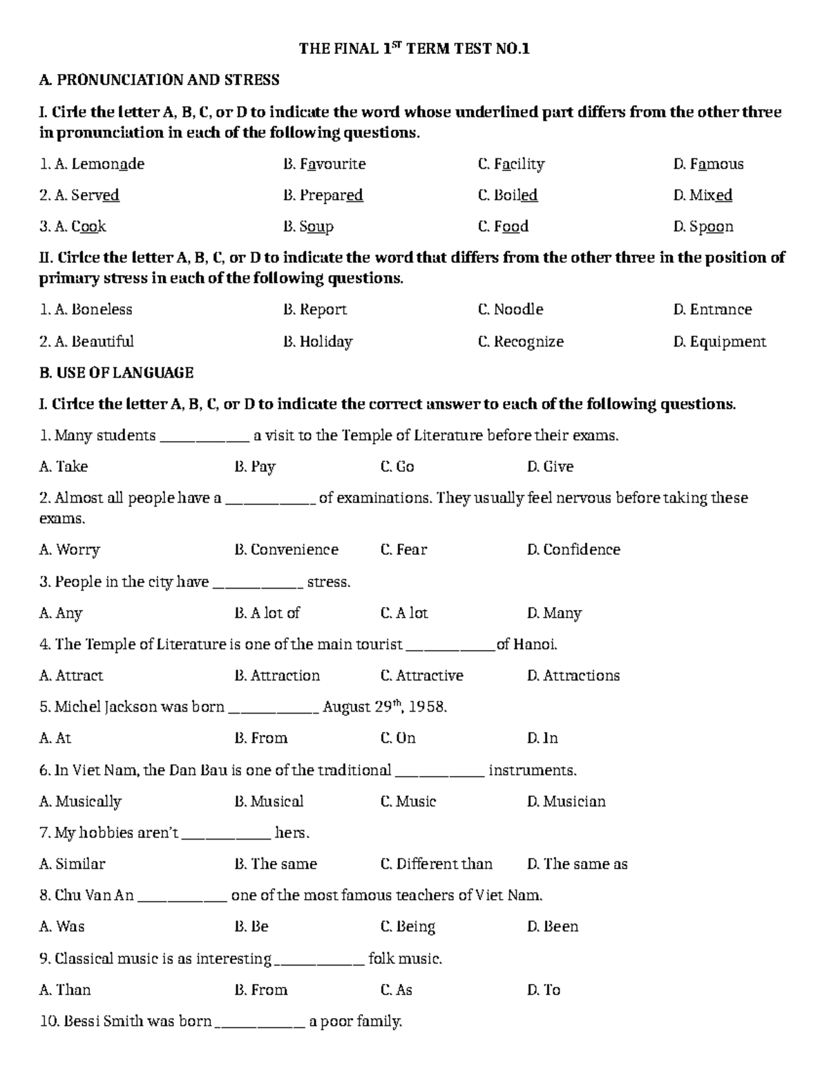 Final 1ST TERM TEST NO: Pronunciation, Language Use & Writing Skills ...