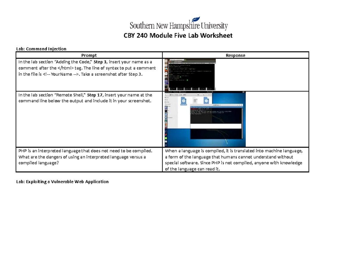 CYB 240 Module 5 Lab Worksheet: Command Injection and Vulnerabilities - Studocu