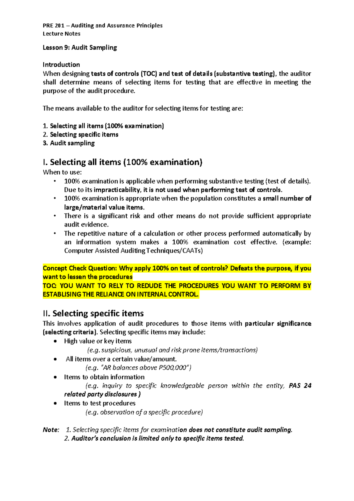 PRE 201 Auditing and Assurance Principles Lecture Notes: Lesson 9 ...