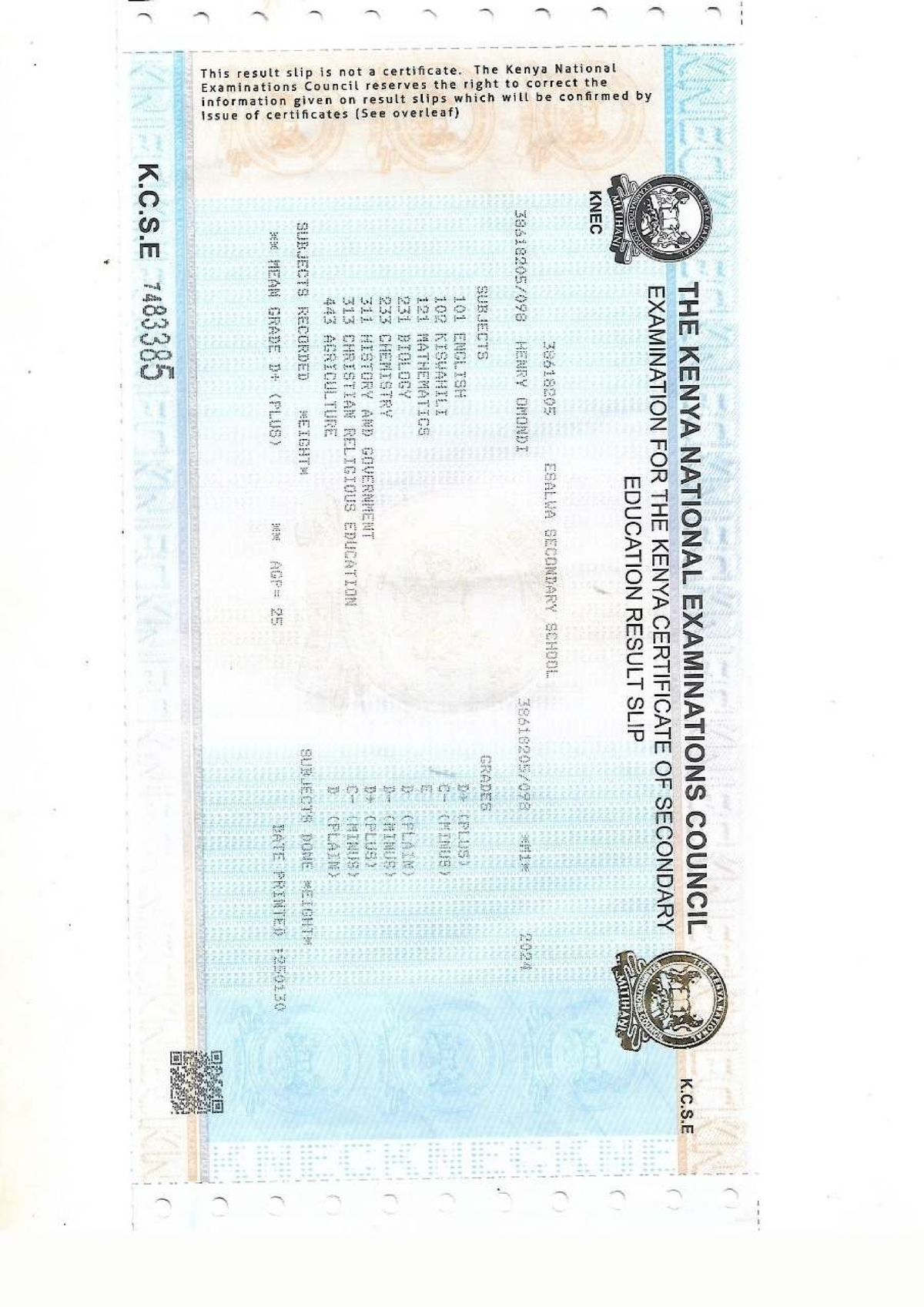 K.C.S.E Result Slip for Henry Omondi - 2024 Examination - Studocu