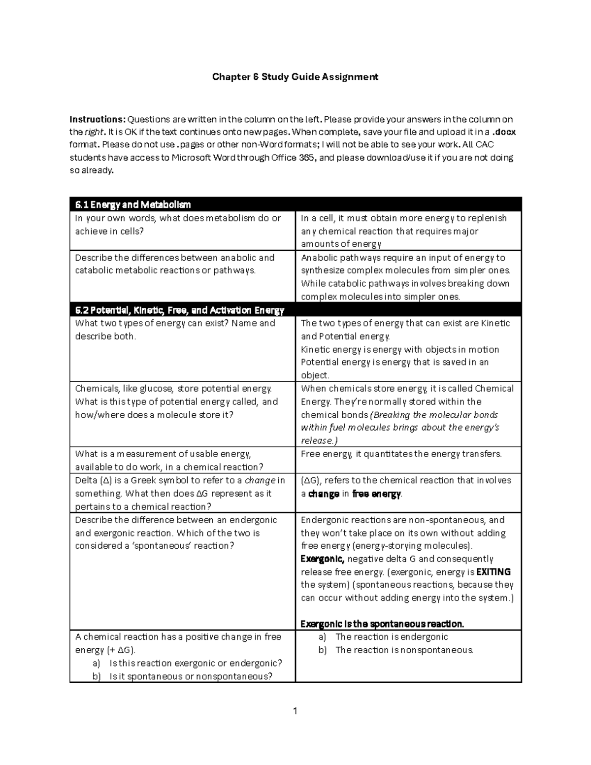 Chapter 6 Study Guide: Energy, Metabolism, & Enzymatic Reactions - Studocu
