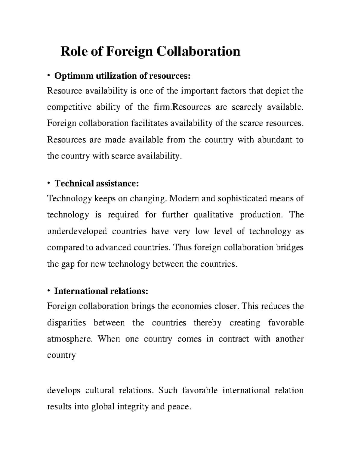 Role of Foreign Collaboration - Role of Foreign Collaboration Optimum utilization of resources ...