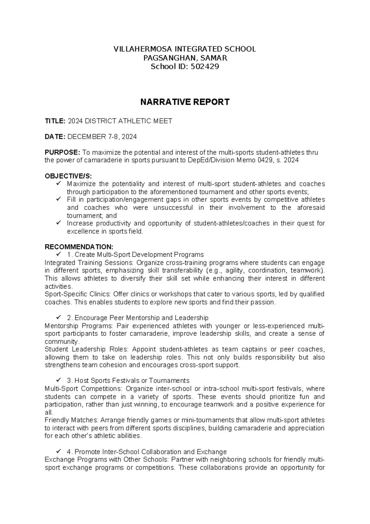 2024 District Athletic Meet Narrative Report - Villahermosa Integrated ...