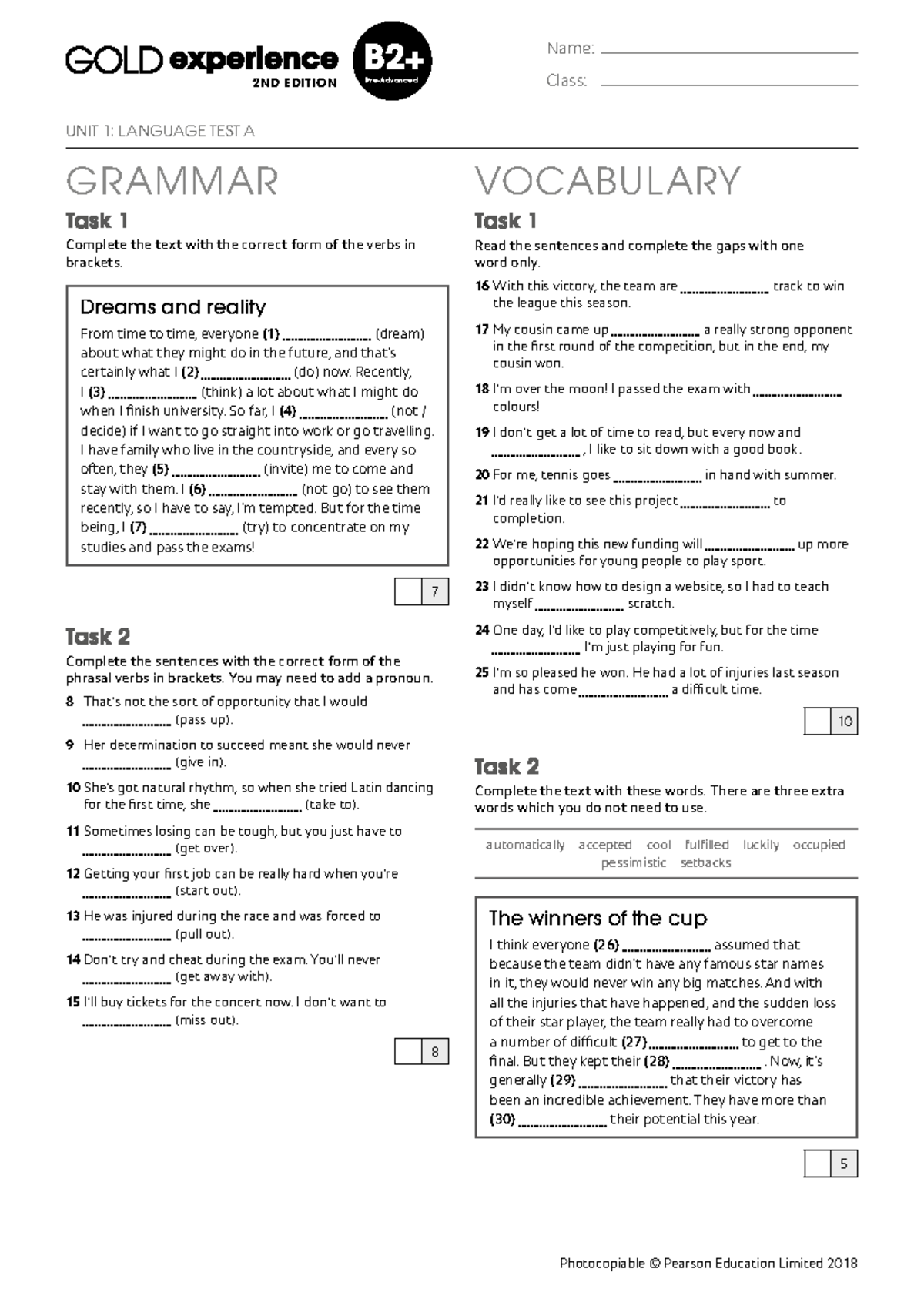 Gold Experience B2P Unit 1 Language Test A: Grammar & Vocabulary - Studocu