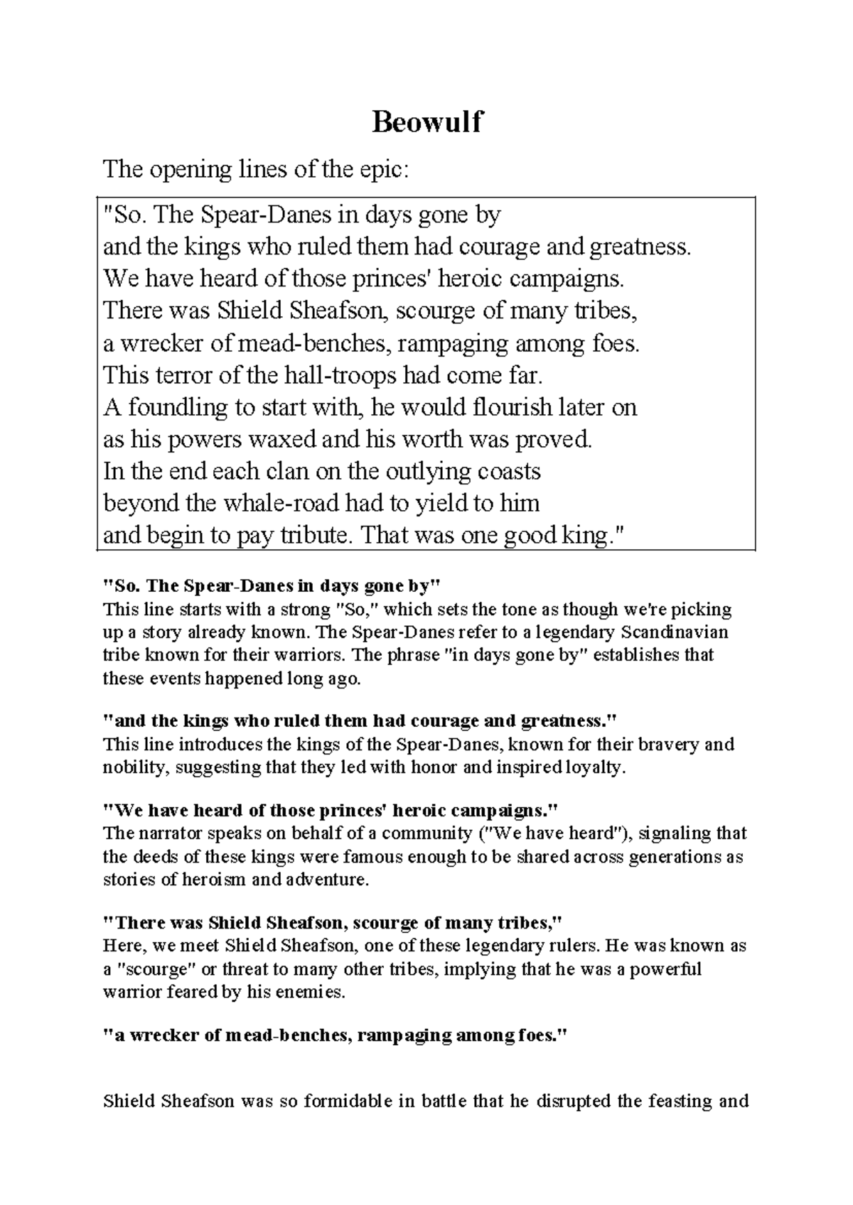 Lines of Beowulf - Beowulf The opening lines of the epic: "So. The ...