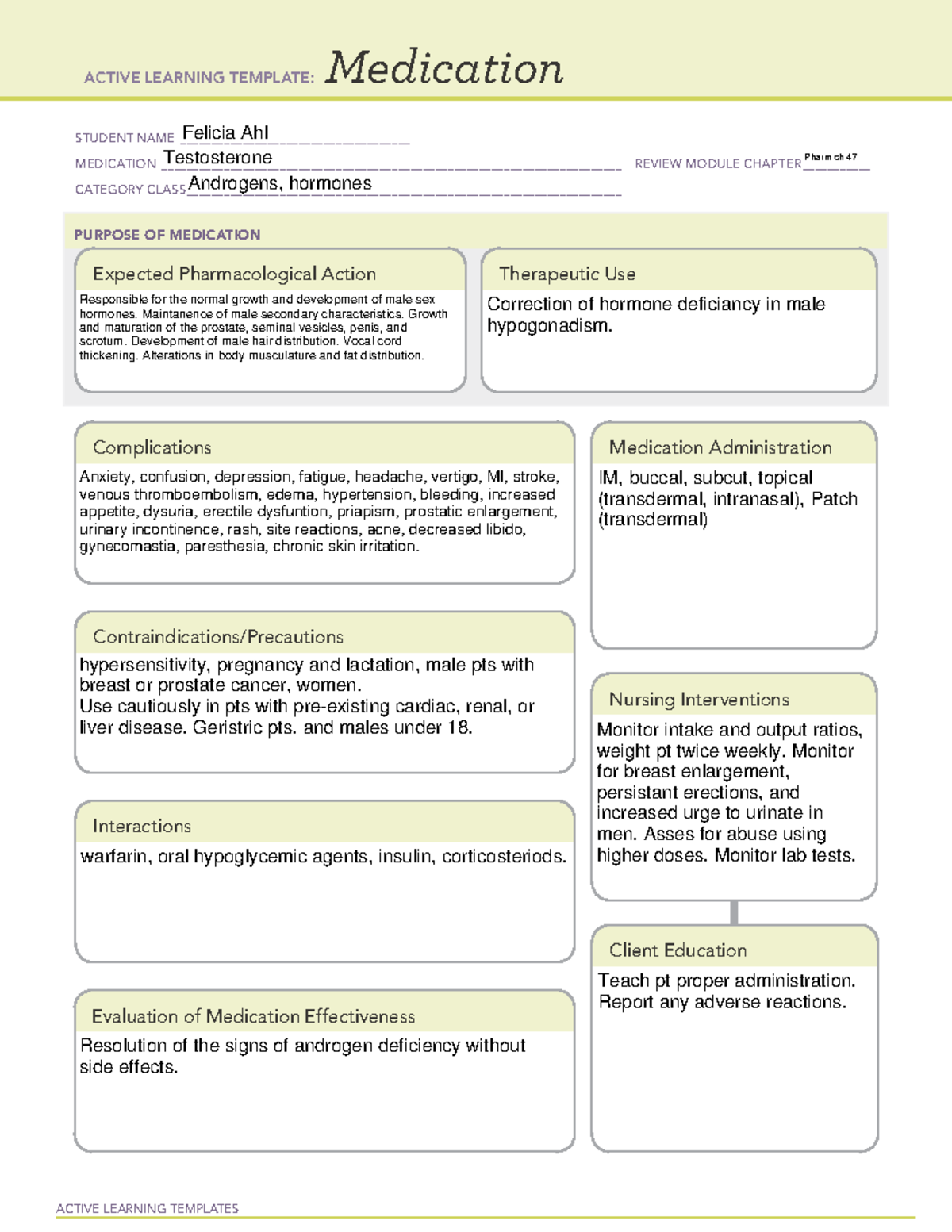 Testosterone Drug Cards: Active Learning Template for Pharm Ch 47 - Studocu