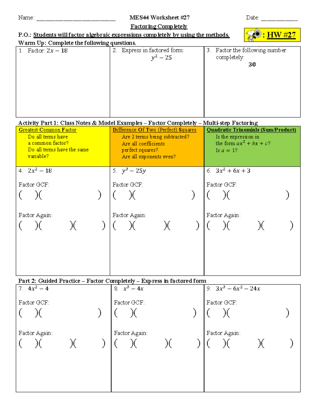 Factoring Completely Worksheet - MES44 Homework #27 - Studocu