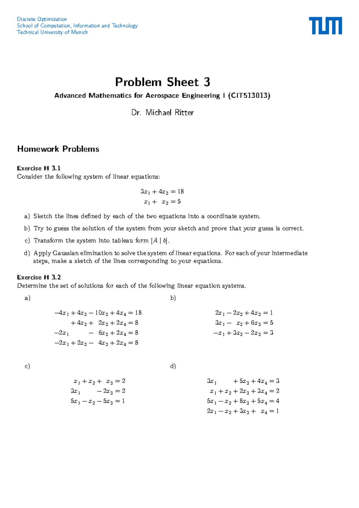 Problem Sheet 3: Advanced Math for Aerospace Eng. I (CIT513013) - Studocu