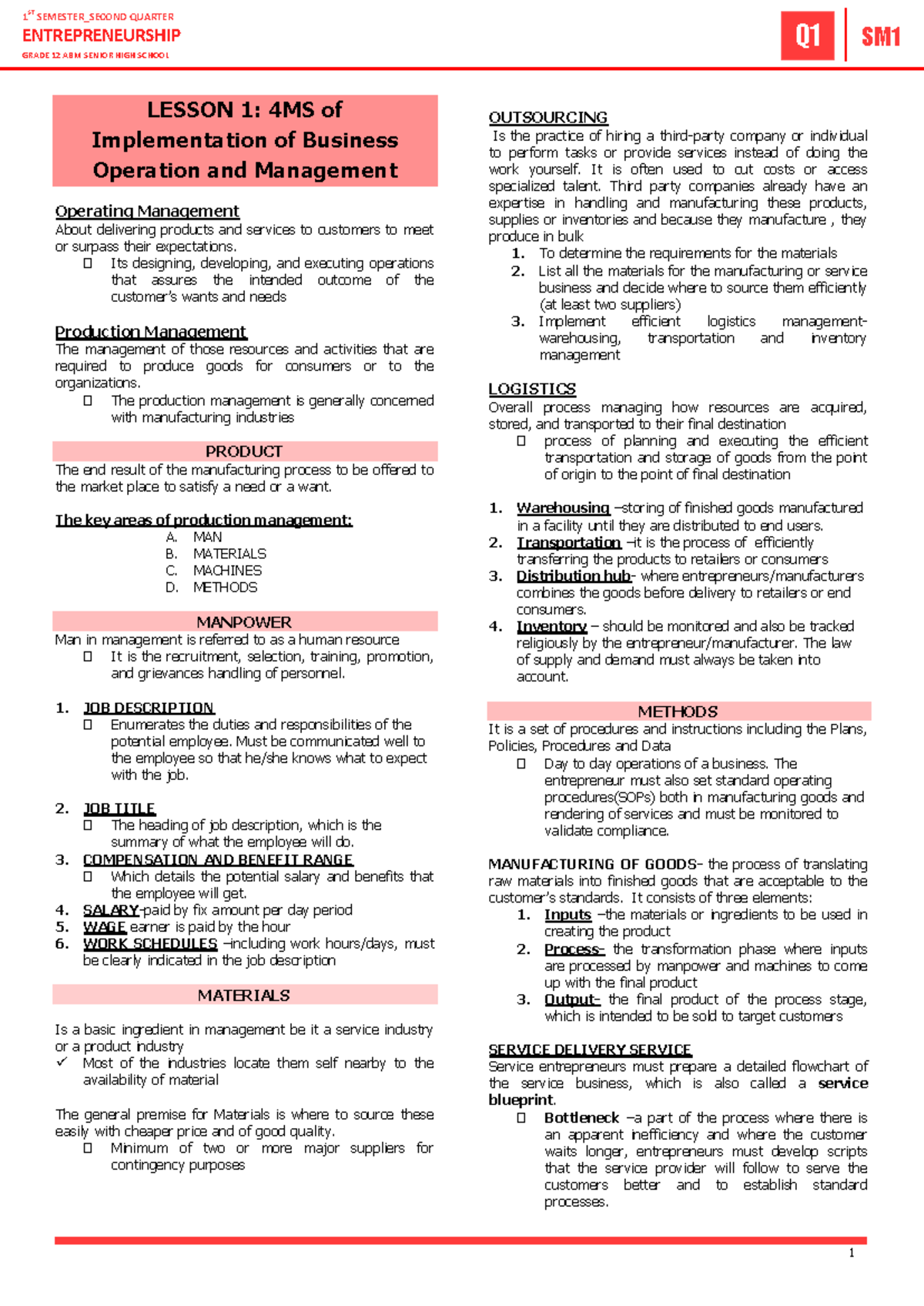 Grade 12 ABM Entrepreneurship SM1 Q2 Lesson Notes on Business ...