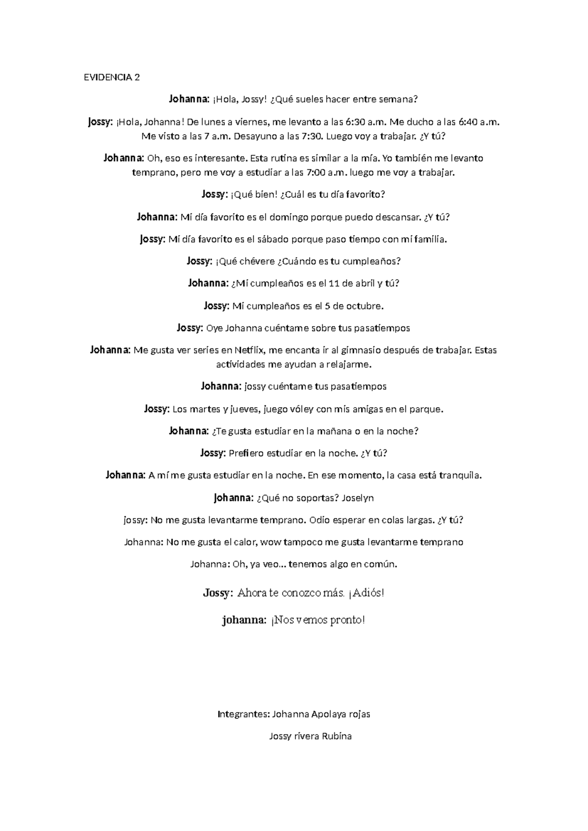 Evidencia 2 - Conversación sobre Rutinas y Pasatiempos - Studocu