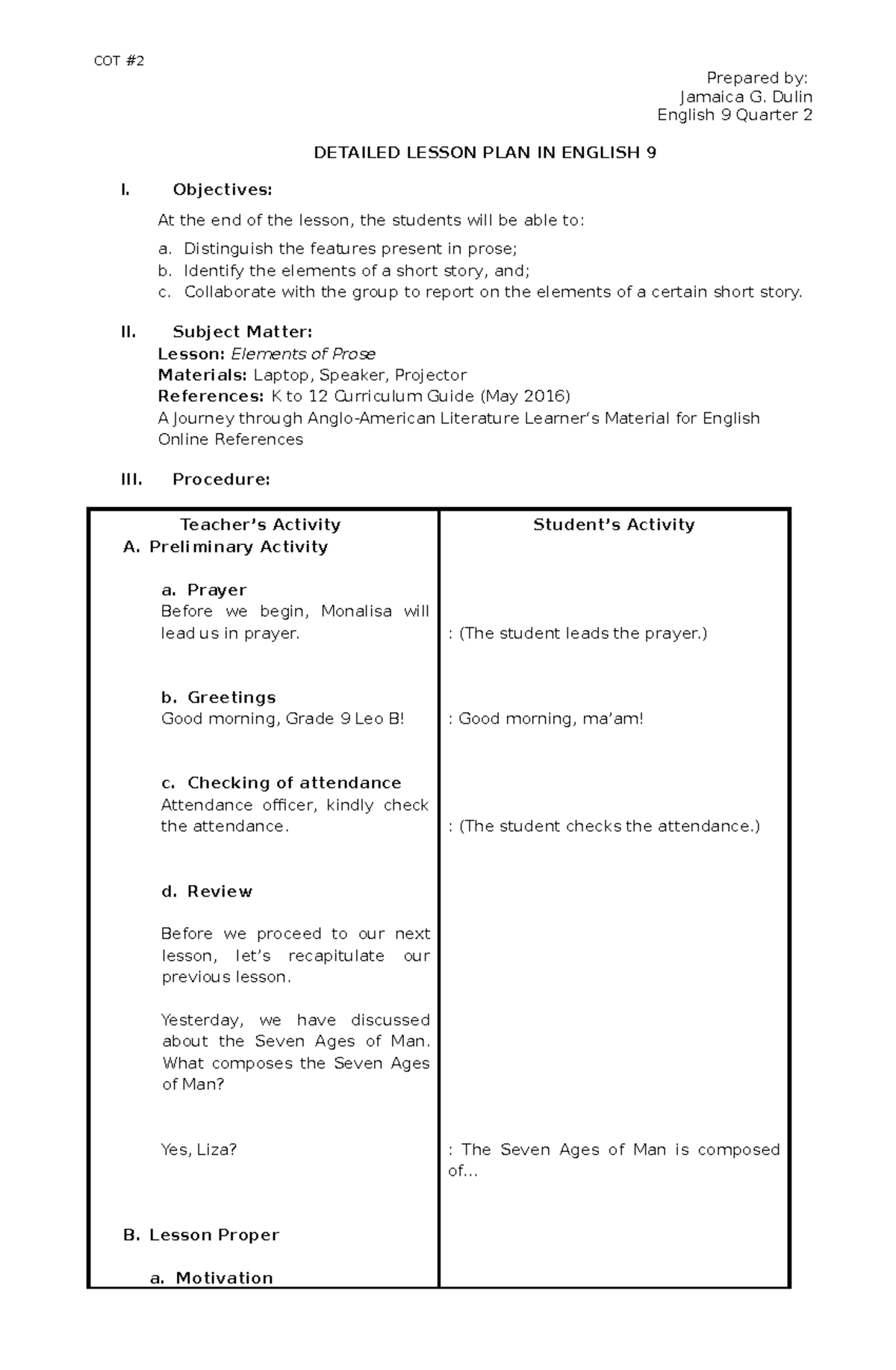 Detailed Lesson Plan: Elements of Prose for English 9 (Q2) - Studocu