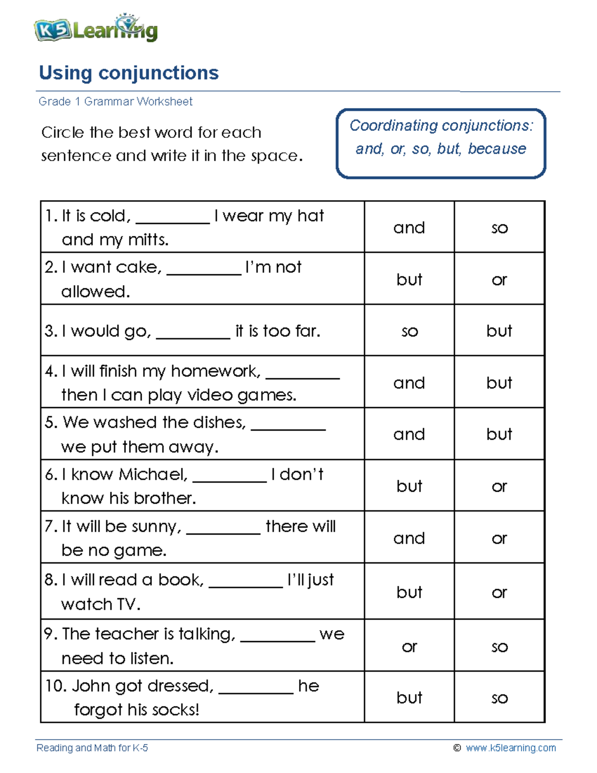 Grade 1 Grammar Worksheet: Using Conjunctions for Sentence Completion ...